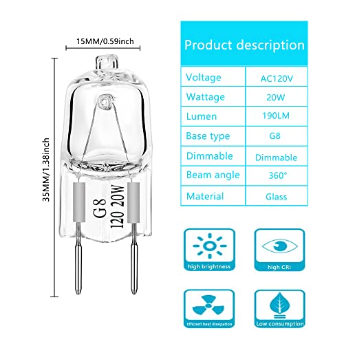 AHEVO G8 Light Bulbs 20Watt 120Volt Dimmable Halogen Light Bulb G8 Base Bi-Pin Shorter 20W T4 JCD Warm White Under Cabinet Puck Lighting Replacements,10Pack