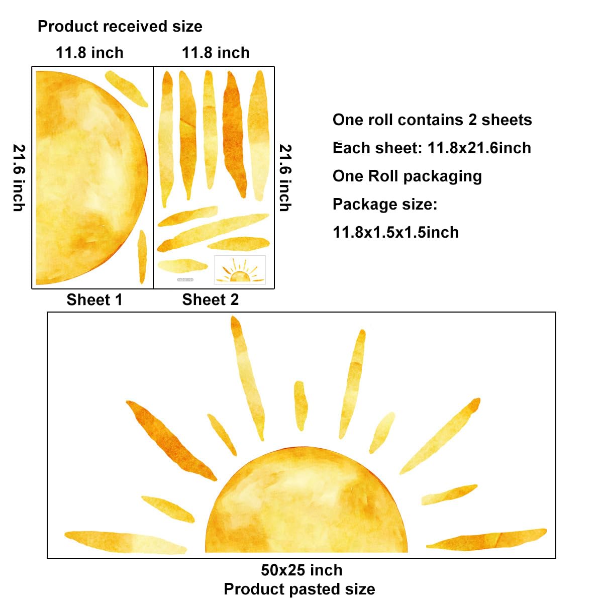 π»π¦π πππππ£ (ππ''πππ'') Half Sun Wall Decal Extra Large Boho Sun Wall Decals Peel and Stick Removable Sunshine Wall Stickers for Bedroom Decor Nursery Decor Playroom Decor