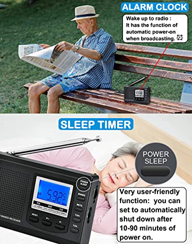 HanRongDa AM FM Shortwave Radio Portable with Excellent Reception and Backlit, Battery Operated Radios with Alarm Clock and Sleep Timer, Small Digital Tuner for Camping, Fishing, Traveling HRD-310