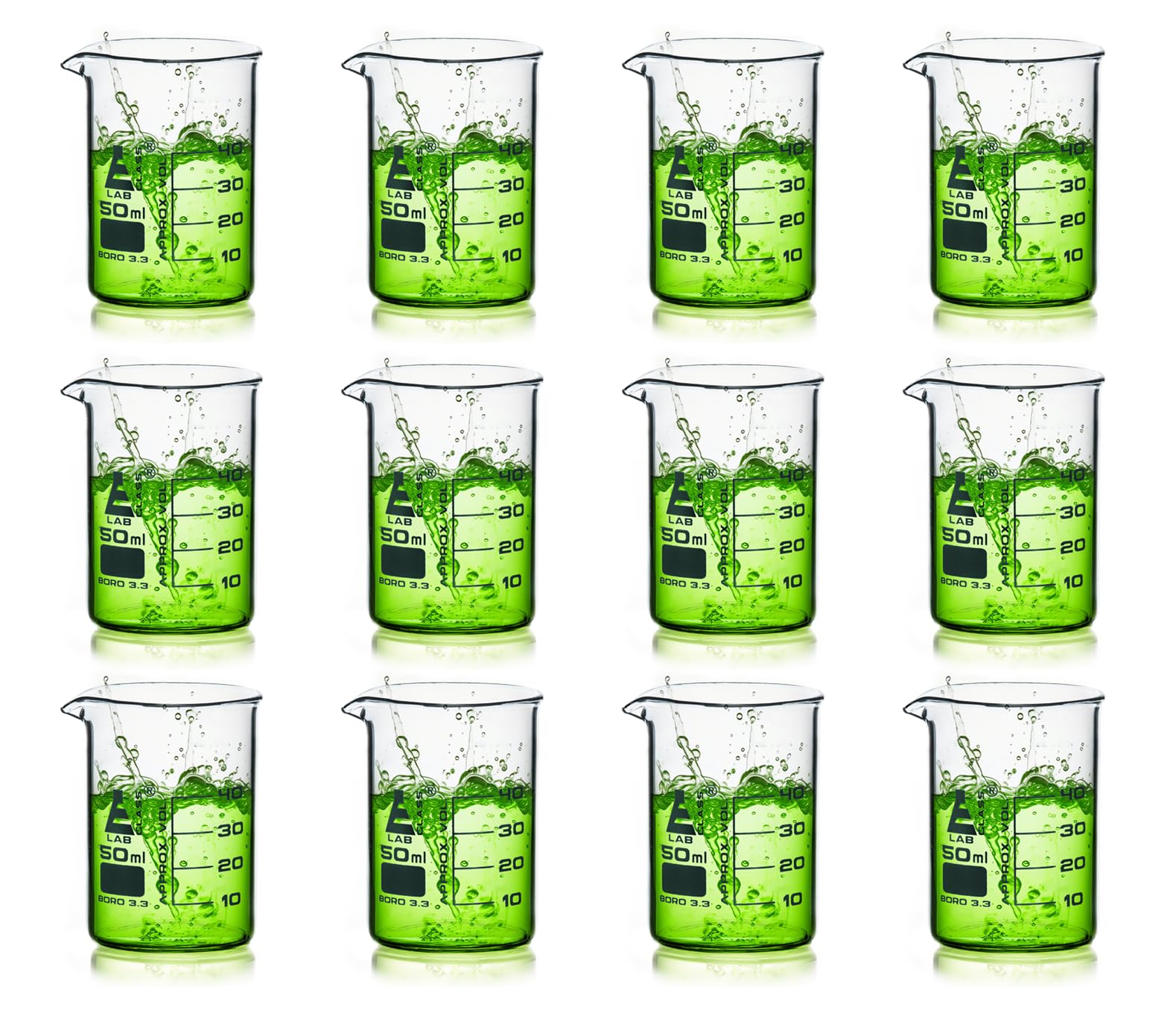 EISCO 12PK Beakers, 50mL - Borosilicate Glass, Low Form - 10mL Graduations
