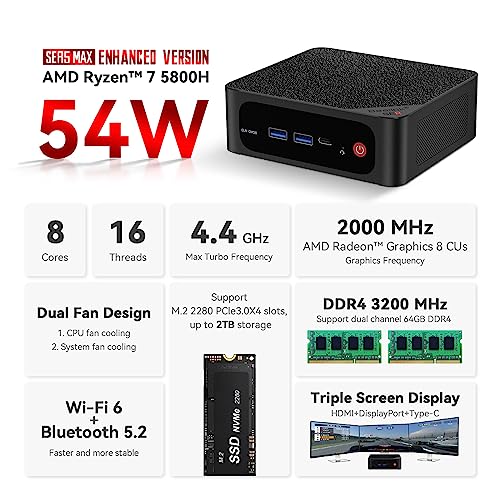 Beelink Mini PC, AMD Ryzen 7 5800H (8C/16T, up to 4.4GHz, 54W TDP), Mini Computer 16GB DDR4 1TB PCIe3.0 SSD, Support 4K@60Hz Triple Display/WiFi 6/BT5.2/USB3.2/Gaming/Office/Home Desktop PC