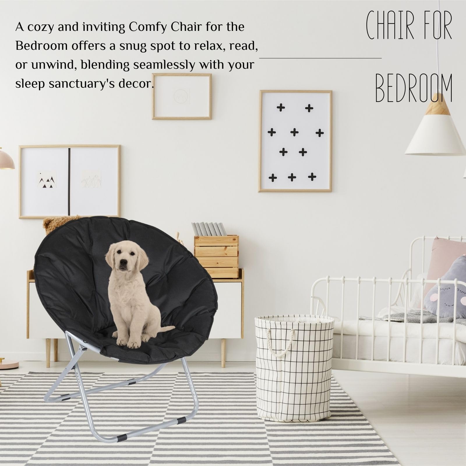 Oversized Moon Chair with Metal Frame, Comfy Chair for Outdoor, Saucer Chair for Courtyard, Cozy Faux Fur Lounge Chair, Black