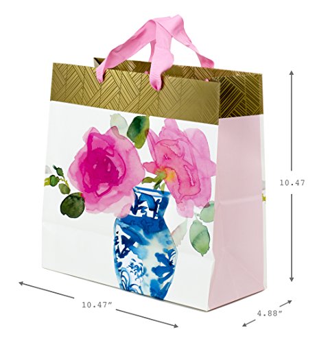 Hallmark 10" Large Square Gift Bag (Watercolor Flower and Vase) for Birthdays, Mothers Day, Anniversary, Bridal Showers and More