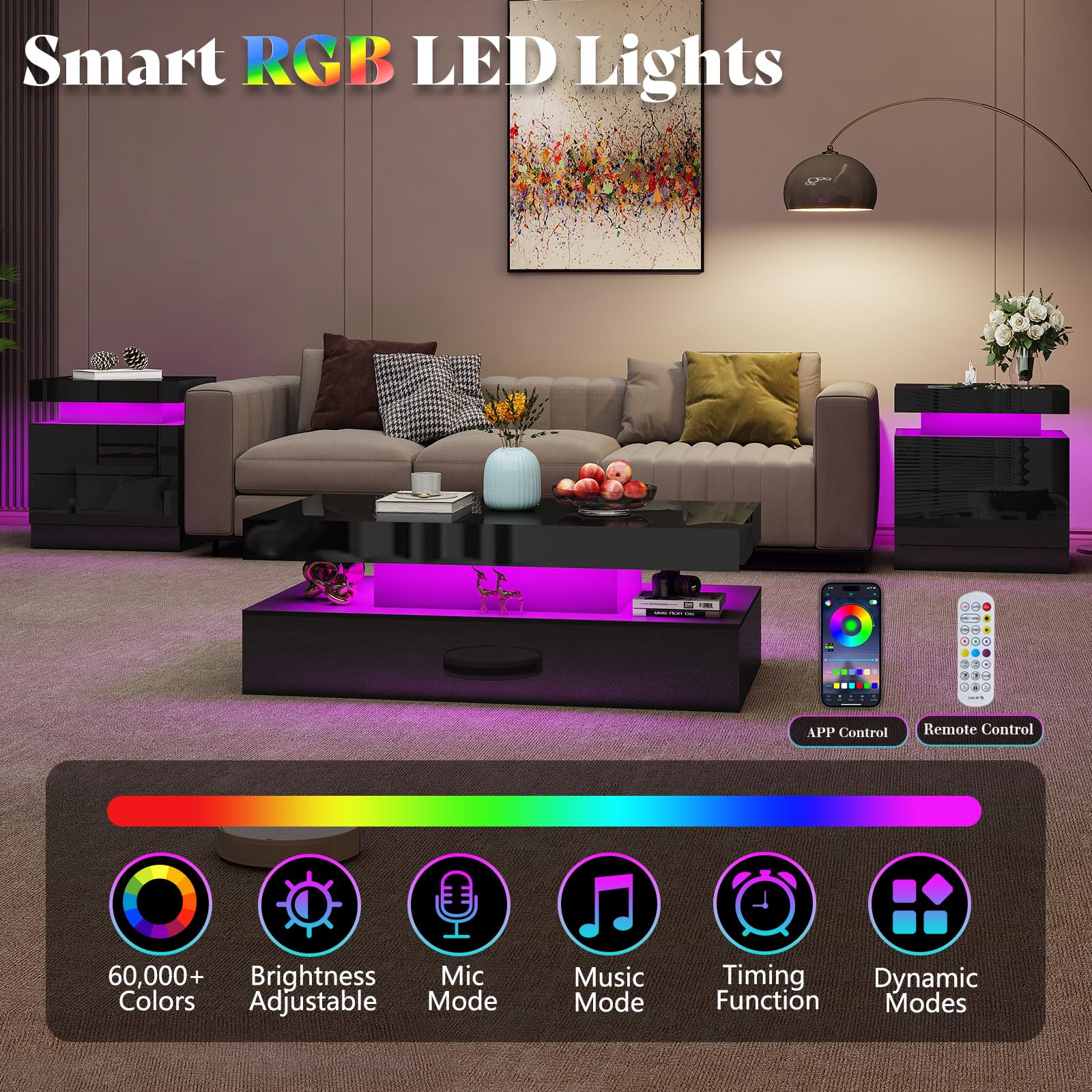 AMERLIFE High Gloss LED Coffee Table, Modern 2-Tier Center Table with LED Lights, Open Storage Space, 40in Simple Rectangular Sofa Side Table for Living Room, Black