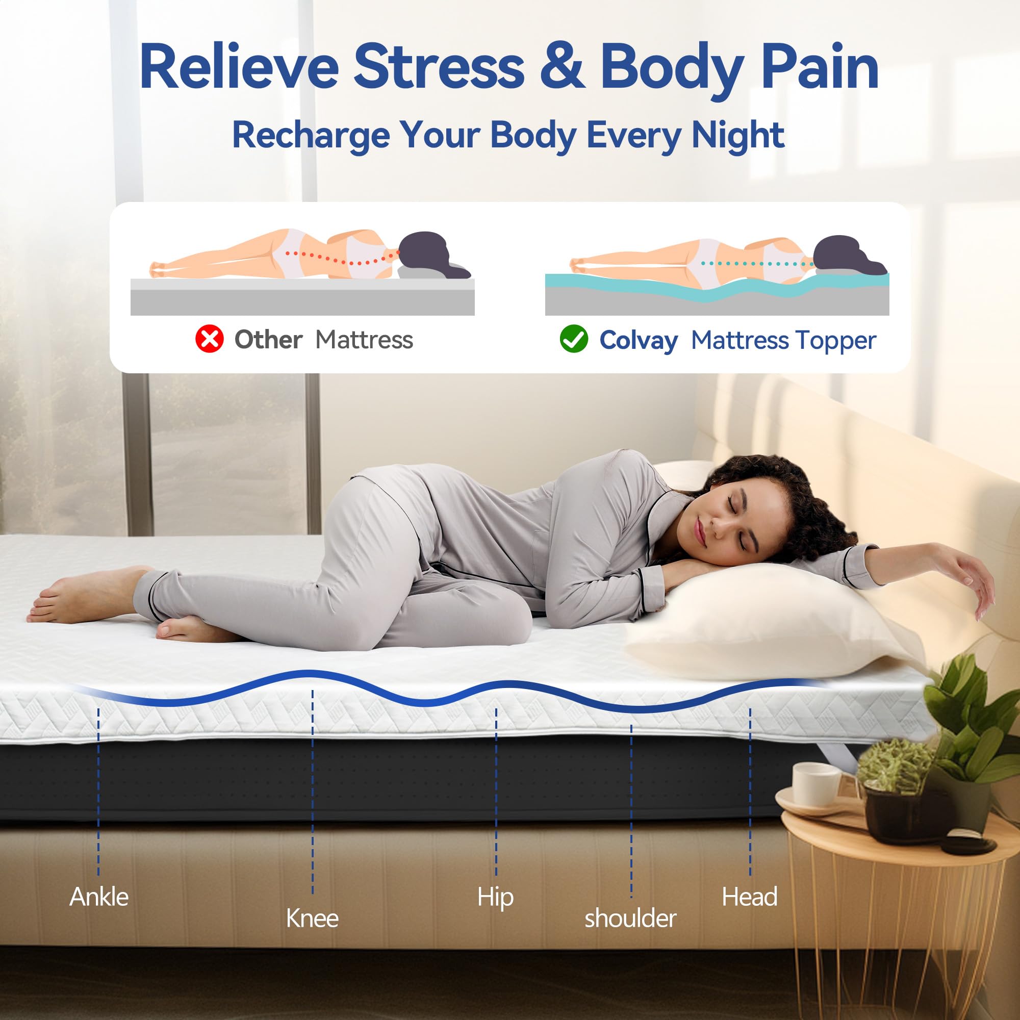 Colvay 3 Inch Gel Memory Foam Mattress Topper King Size for Back Pain, Cooling Mattress Pad Bed Topper with Removable and Washable Bamboo Cover, CertiPUR-US & Oeko-Tex Certified β White