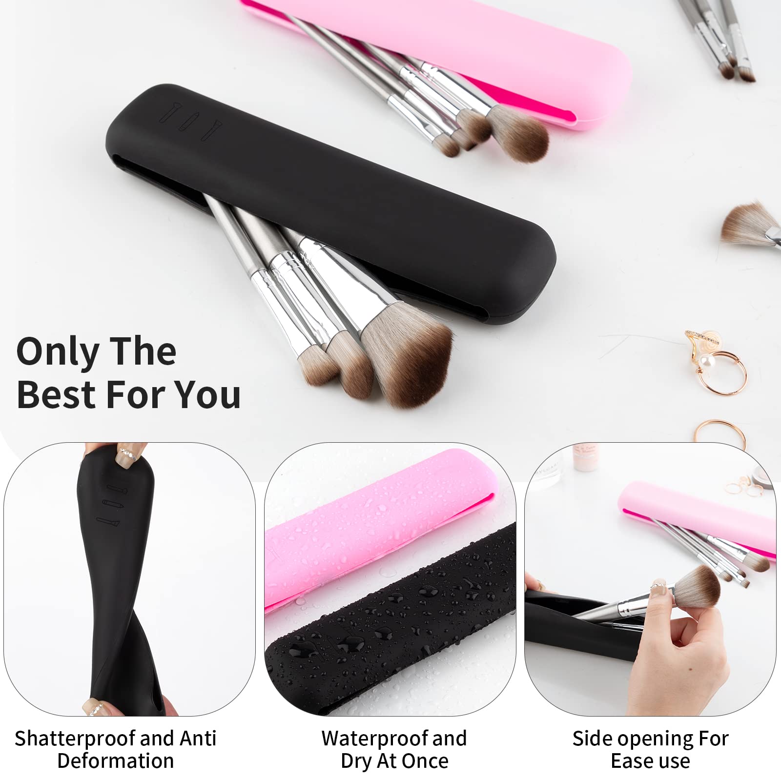 AIFEIRIC Travel Makeup Brush Holder-Silicon Trendy Brush Holder Cosmetic Bag, Soft and Sleek Makeup Tools Organizer for Travel(Black&Pink)