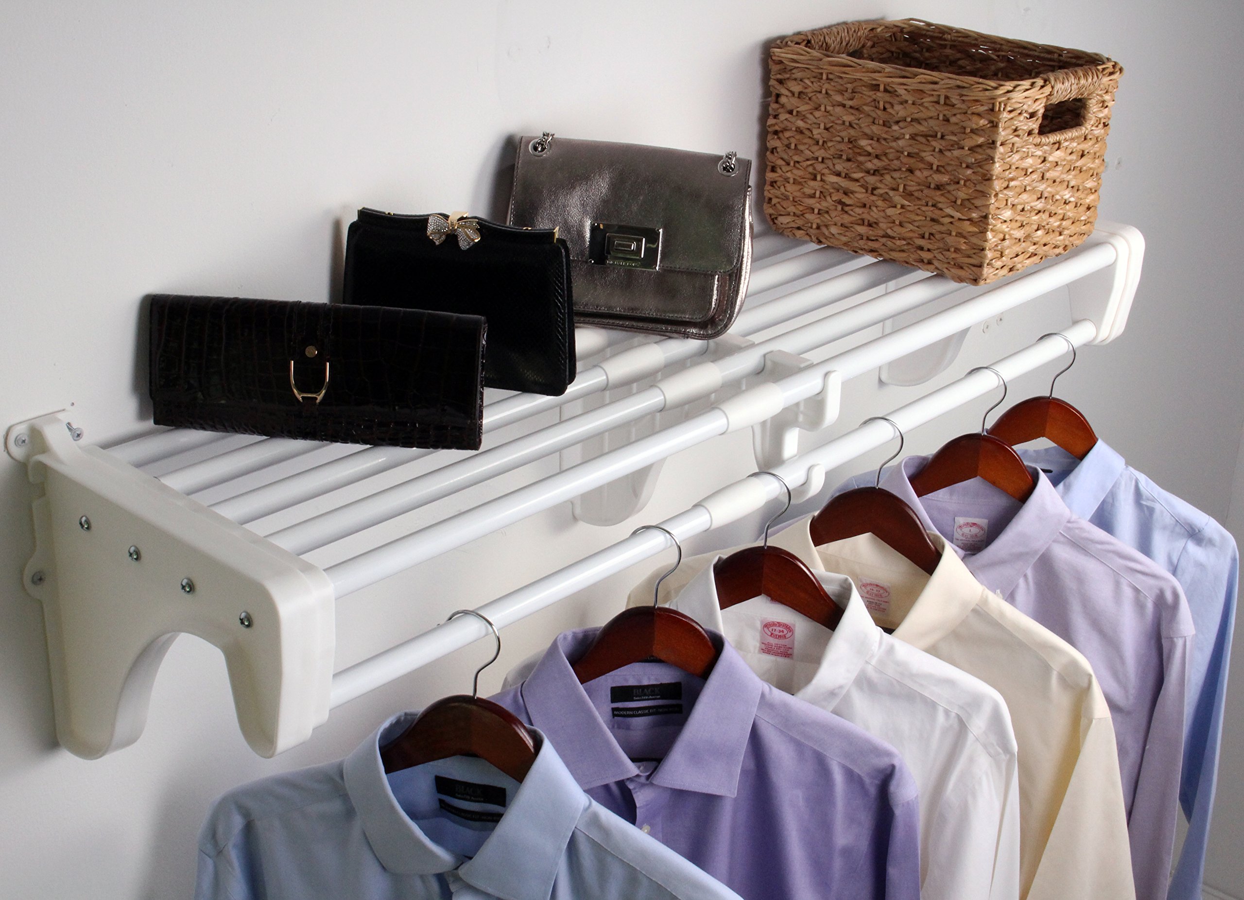 EZ Shelf-Expandable-Closet Shelf with Hanging Rod- 30β to 50β -White-Easy Install to Backwall(Floating)-Wire Closet Shelving Alternative-(EZS-SCRW48-1-2)