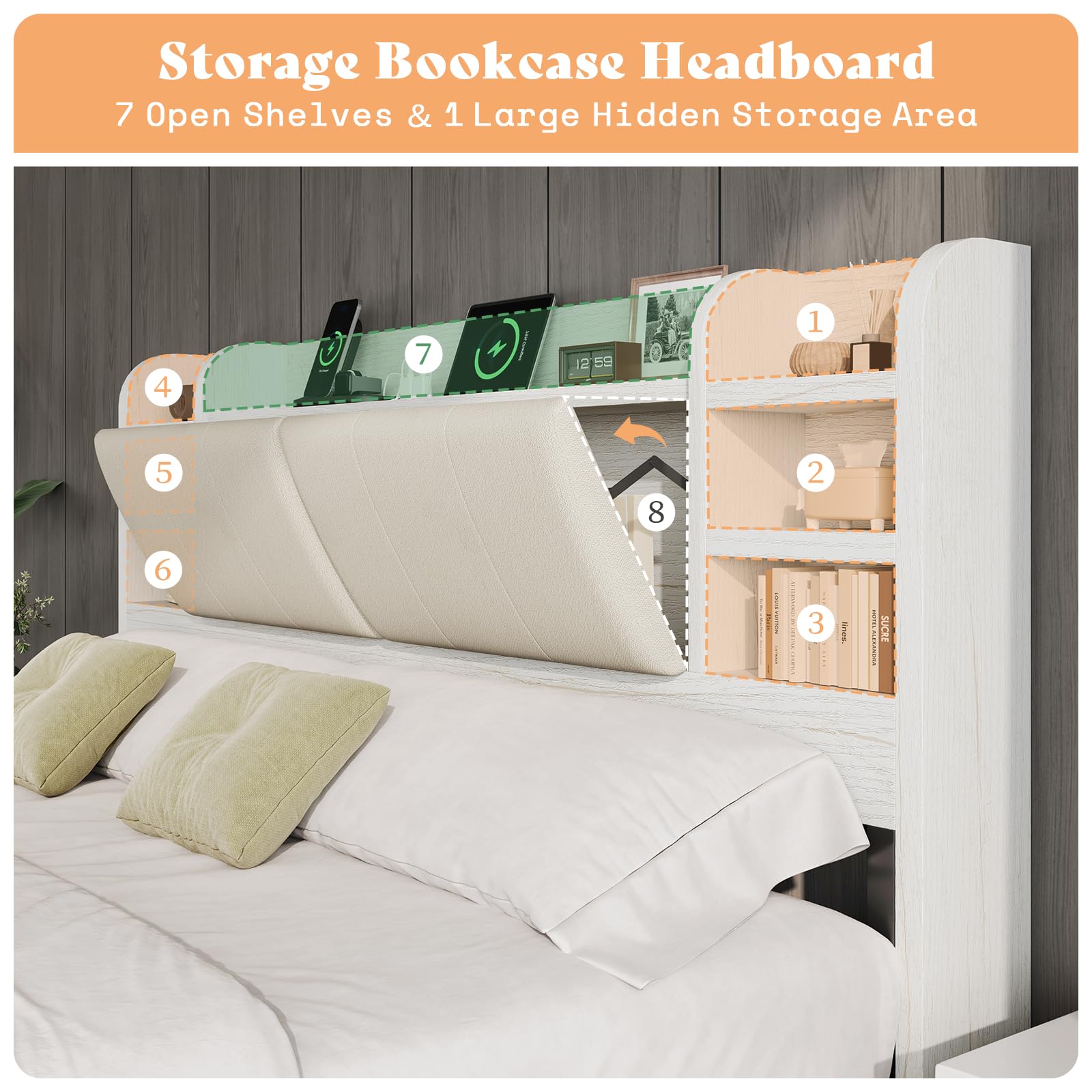 AMERLIFE King Size Bed Frame with 4 Storage Drawers, Upholstered Bed Frame with 47.2" Bookcase Headboard, Wooden Platform Bed with Charging Station/No Box Spring Needed/White