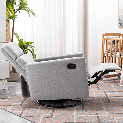 P PURLOVE Modern Upholstered Rocker Chair with Adjustable Backrest and Retractable Footrest, 360° Glider Swivel Recliner Chair, Glider Chair Easy to Assemble and Clean, Gray