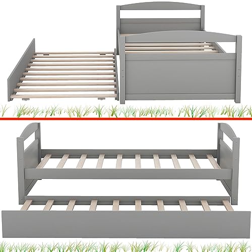 Anwickmak Wooden Twin Daybed with Trundle, Trundle Bed Twin, Modern Platform Day Beds Frames for Kids,Teens,Boys,Girls,Solid Wood Slat Support,Noiseless,No Box Spring Needed,Easy Assemble (Grey)