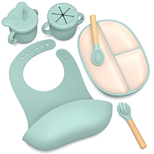 CAVEE Baby Led Weaning Utensils Infant First Stage BLW 6-12 Months Silicone Feeding Set (BPA-Free) with Suction Plate and Sippy Snack Cup 2-in-1 Easy-Clean Toddler Eating Essentials Infant