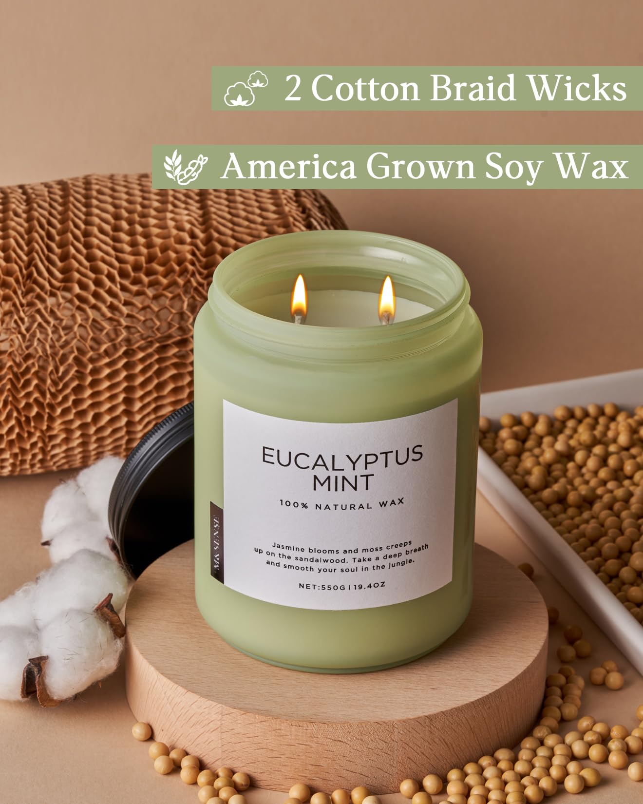 M&SENSE Eucalyptus & Mint Candles for Home Scented, 19.4oz 110 Hours Burn Soy Aromatherapy Candle Gift for Stress Relief, Meditation, Yoga, Relaxing SPA, Natural Jar Candles for Men and Women