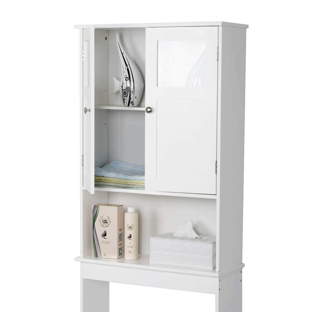 Volowoo Over The Toilet Storage Cabinet,Freestanding Toilet Rack Space Saving Storgae Cabinet with 2 Doors & Storage Shelf, Bathroom Cabinet Organizer Rack Over Toilet (White Grass)