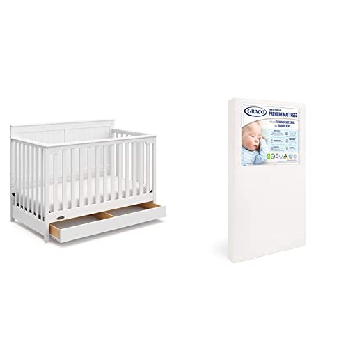 Graco Hadley Convertible Crib and Mattress Set, White | Includes 4-in-1 Convertible Crib with Drawer, Premium Foam Crib and Toddler Mattress