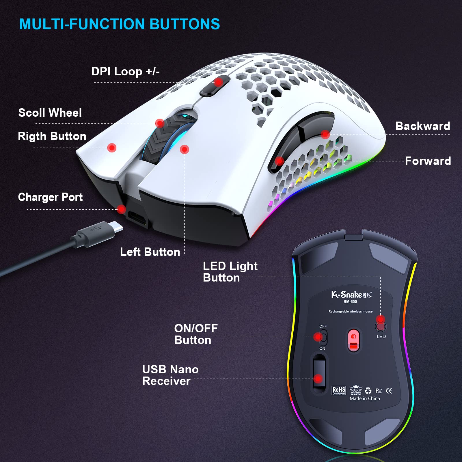 HETOETF Wireless Gaming Mouse Lightweight Honeycomb Design, Rechargeable RGB Backlight Computer Mouse with USB Receiver,Adjustable DPI,2.4GHz Wireless Mouse for PC/Mac/Laptop