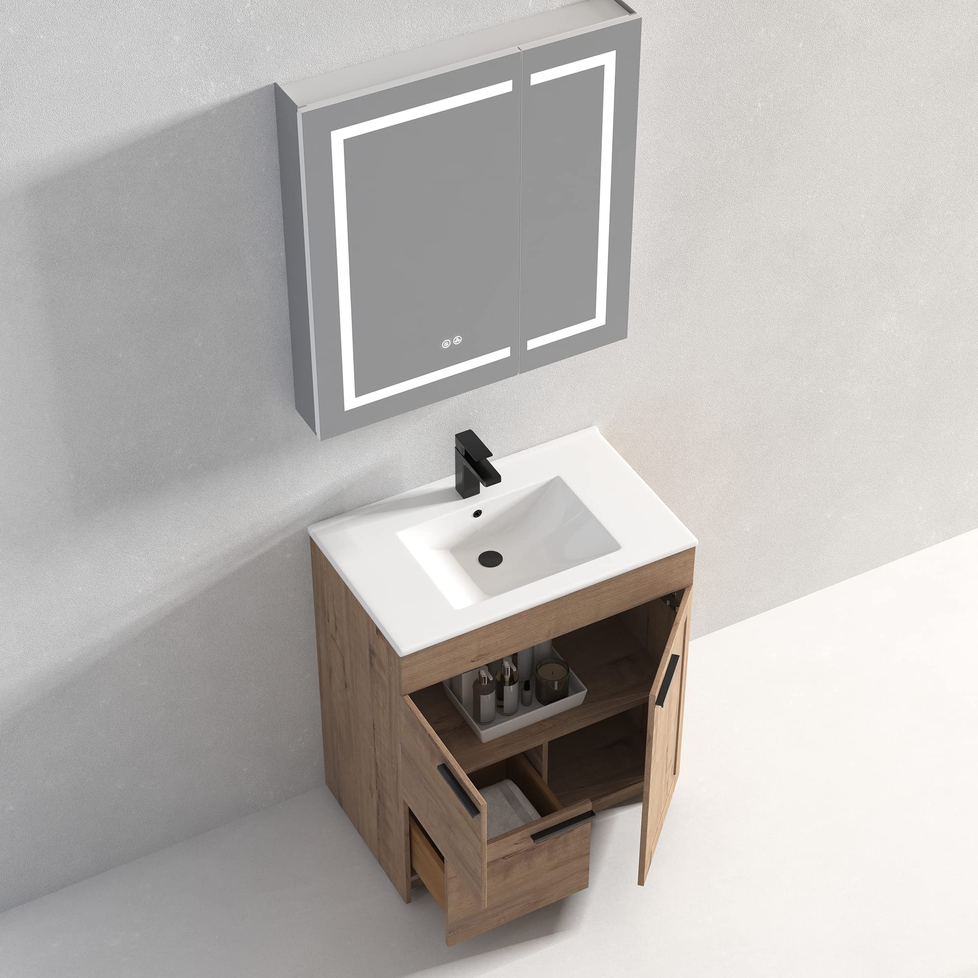 All Wood Freestanding Bathroom Vanity with Topmount Sink (Classic Oak, 30" w/Ceramic Sink)