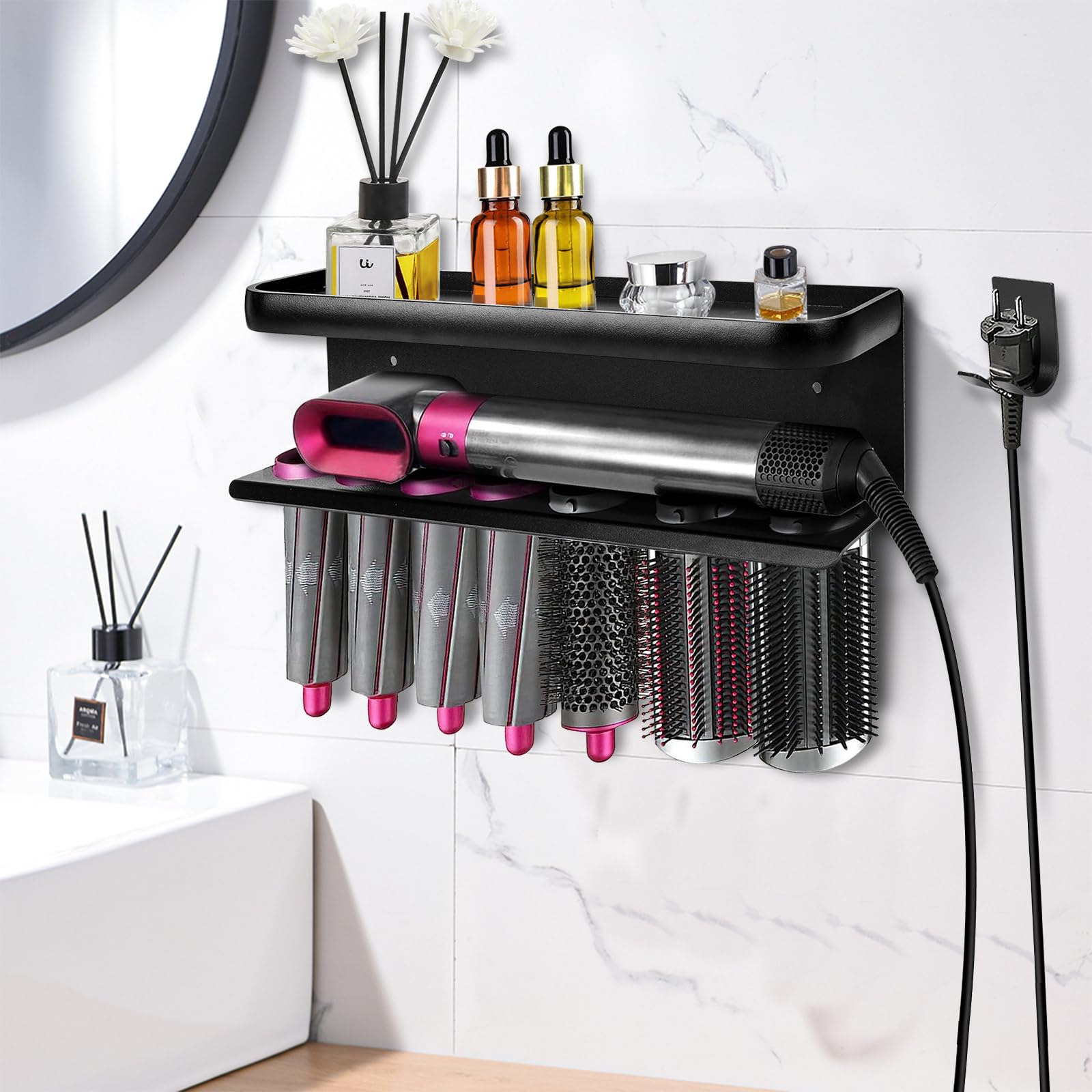 AIYIMIMI Storage Holder for Dyson Curling Iron, Hair Dryer Holder Wall Mounted Rack for Storage Dyson Airwrap Attachments, for Bathroom, Bedroom and Hair Salon, 2 Installation Methods