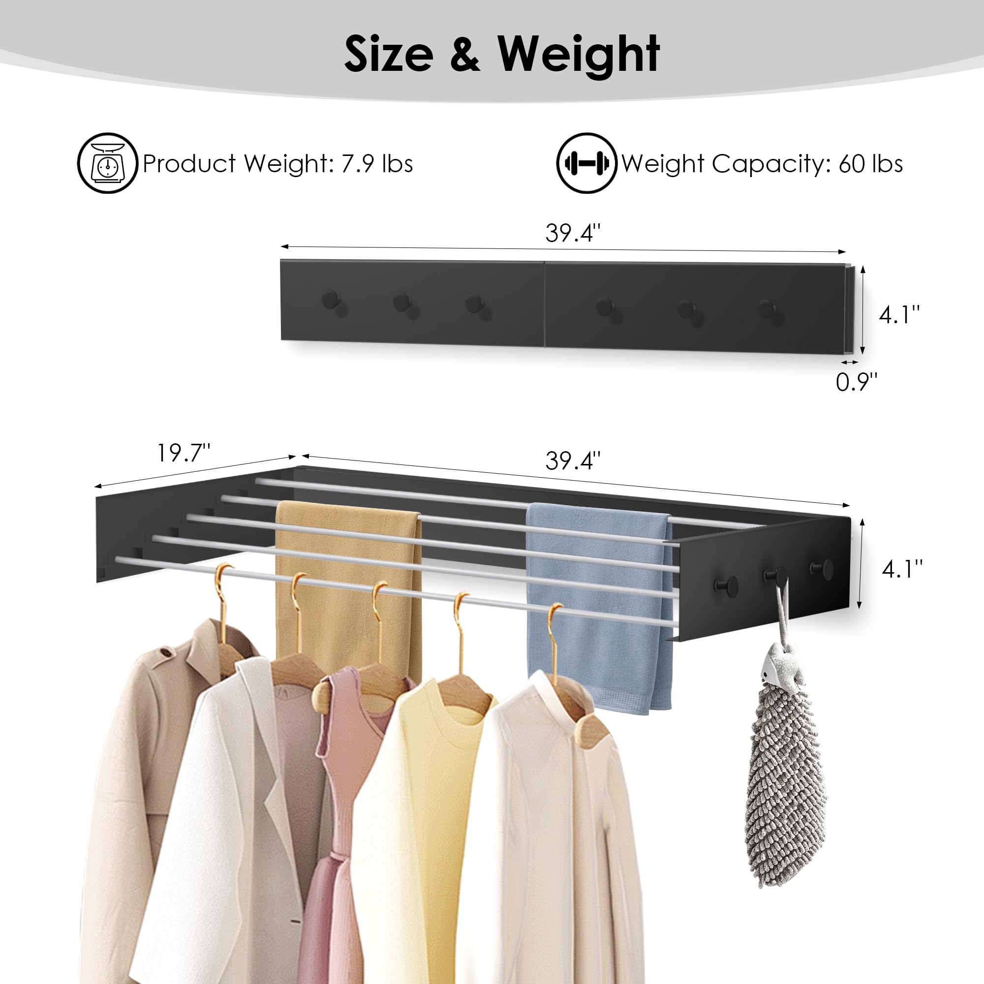 Qidordour Wall Mounted Clothes Drying Rack, Collapsible Laundry Rack with 6 Towel Hooks, Foldable Clothes Airer, 39.4 Inch 5-Rod Retractable Washing Line for Indoor Outdoor, Drying Space Saver, Black
