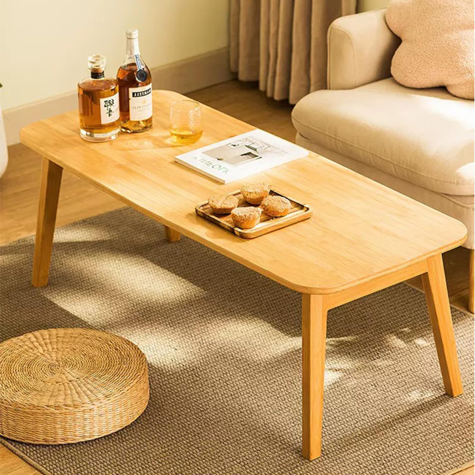 Baveke Coffee Table Foldable Bamboo Mid Century Desk TV Stand with Open Storage Shelf Center Table for Living Room Furniture RV No Assembly, Natural (31.5 in)