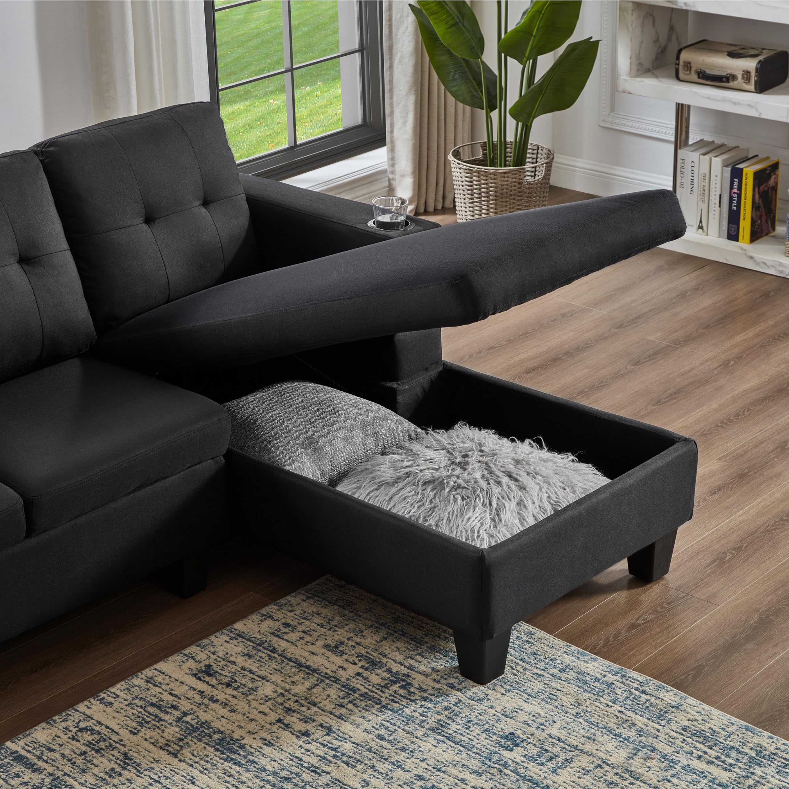 DS-HOMEPORT Black Sectional Sofa Couch Living Room, 4 Seater Convertible L Shaped Couch with Right Chaise, Sectional Sofa with Large Storage, 96.46" D x 59" W x 29.13" H(Right)