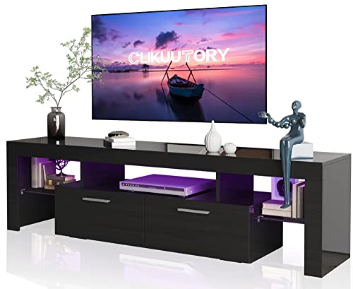 Clikuutory Modern LED 63 inch TV Stand with Large Storage Drawer for 40 50 55 60 65 70 75 Inch TVs, Black Wood TV Console with High Glossy Entertainment Center for Gaming, Living Room, Bedroom