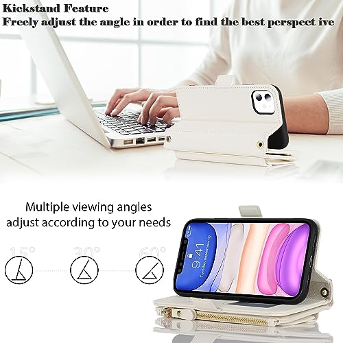 DEYHU for iPhone 11 Phone case Wallet with Zipper Card Holders for Women,iPhone 11 Phone Cases Slots Crossbody Flip Folio Book Cover with Credit Card Holder Men for iPhone11 case - White
