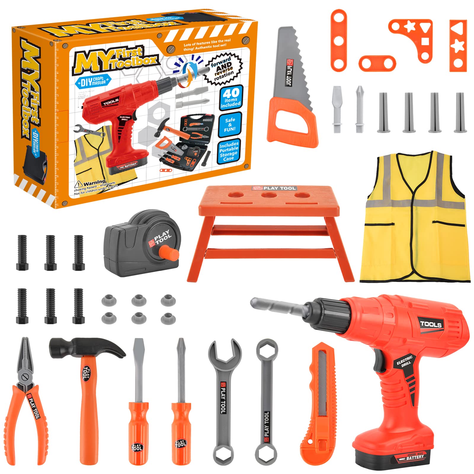 Amagoing Kids Tool Set,40 PCS Toddler Tool Set with Electric Power Drill & Tool Box,Toys Kit Working Overalls, DIY Toys Construction Tools, Pretend Play Tools Gift for Boys Girls Ages 3, 4, 5, 6, 7, 8