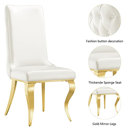 AZhome Dining Chairs, White Faux Leather Upholstered Dining Room Chairs in Button-Tufted Back, Dining Chairs with Gold Legs for Kitchen Dining Room, Set of 2