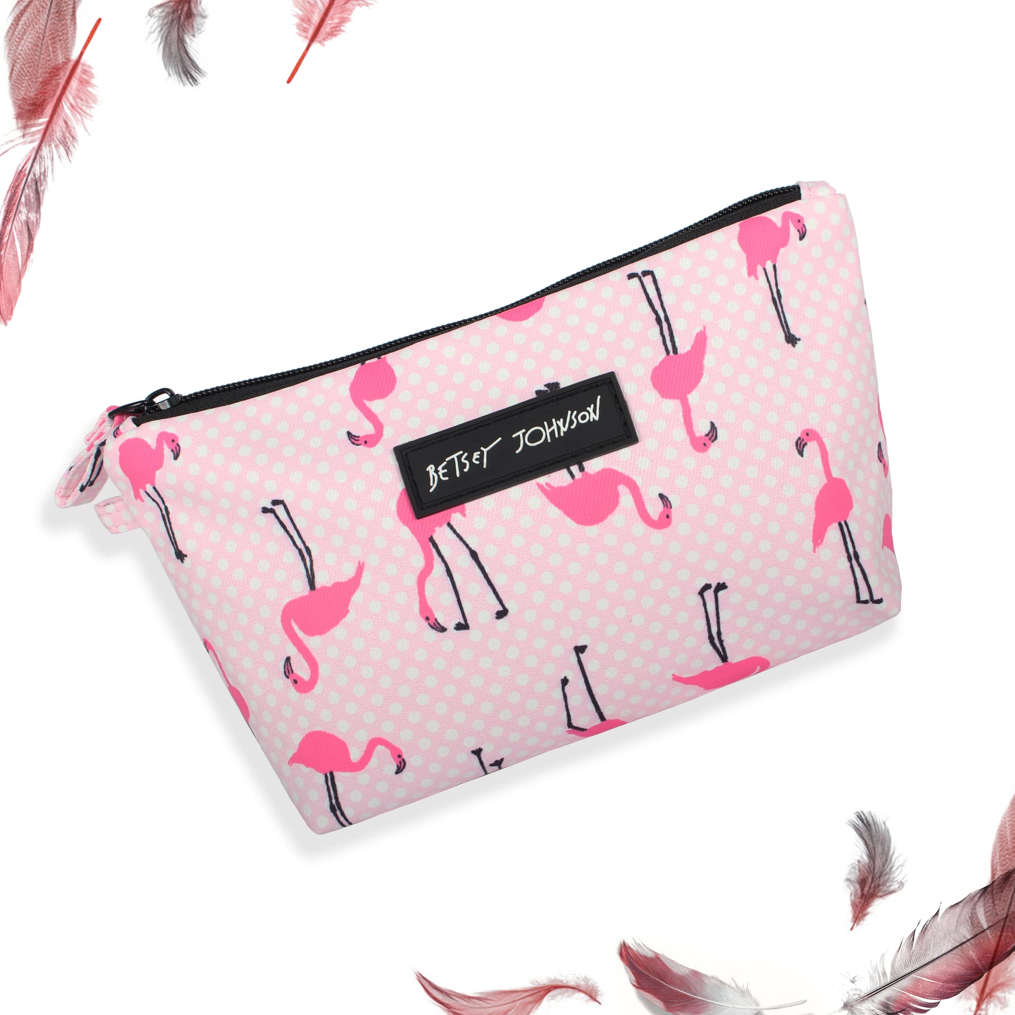 Betsey Johnson 8.5 Inch Zipper Cosmetic Pouch Small Toiletry BagâLightweight Durable Polyester Organizer with Inner Zipped Pocket Good For Makeup Accessories and Travel Needs (Flamingo Strut)