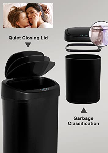 BIQWBIC 50L/13Gal Automatic Trash Can for Home and Kitchen, Large Stainless Steel Kitchen Trash Can Motion Sensor Garbage Can Fingerprint-Resistant Trash Cans, Soft Close Lid (Black)