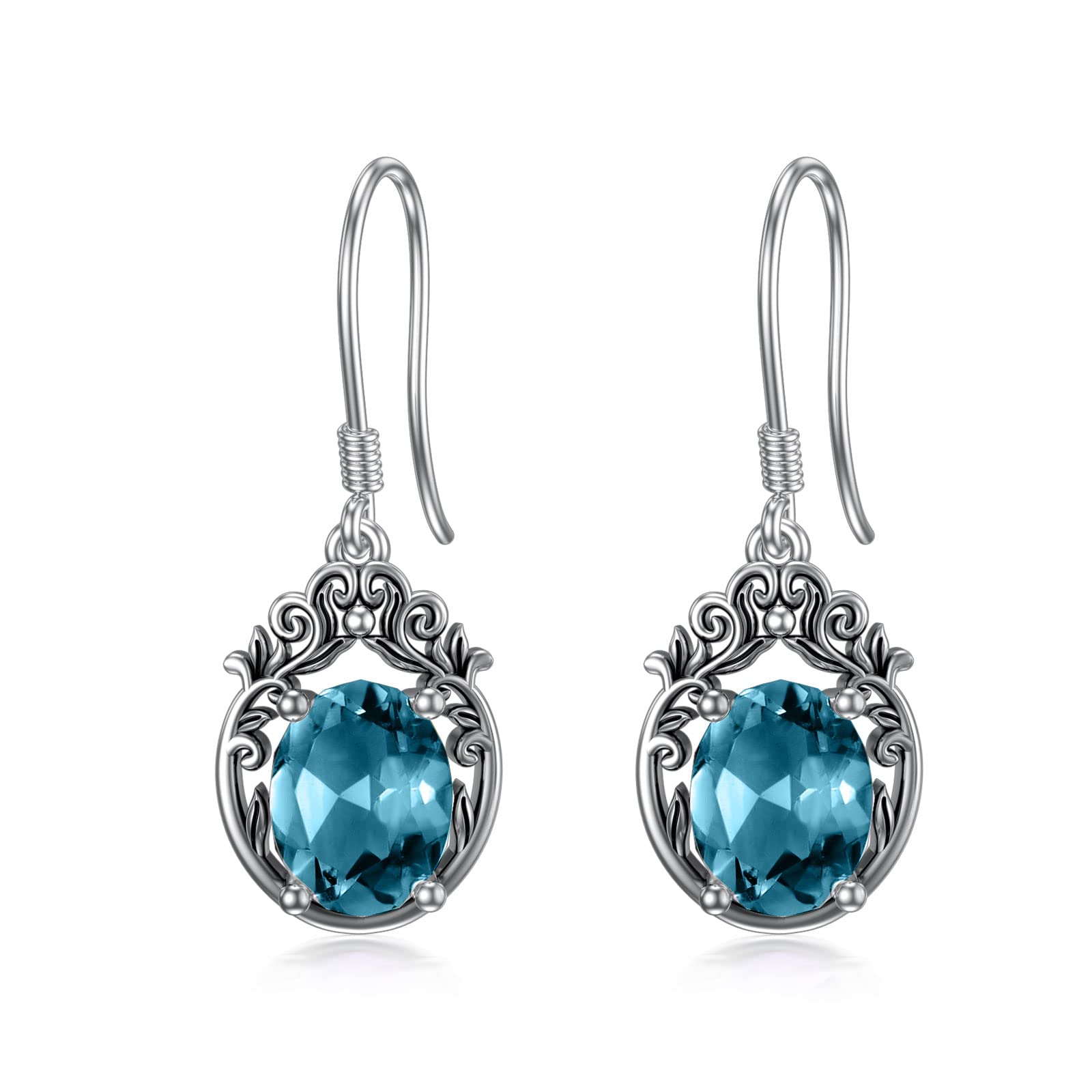 Althum Natural Topaz Earrings 925 Sterling Silver 7 x 9 MM Genuine London Blue Topaz Dangle Earrings for Women