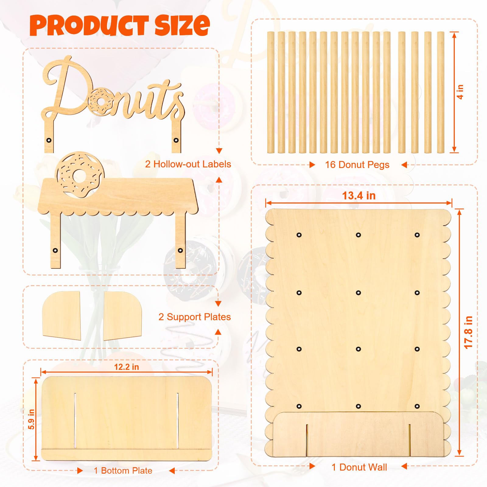 KOYILTD Reusable 12 Peg Donut Wall Stand for Party, Wooden Donut Display Board for Dessert Table Decoration (wood)