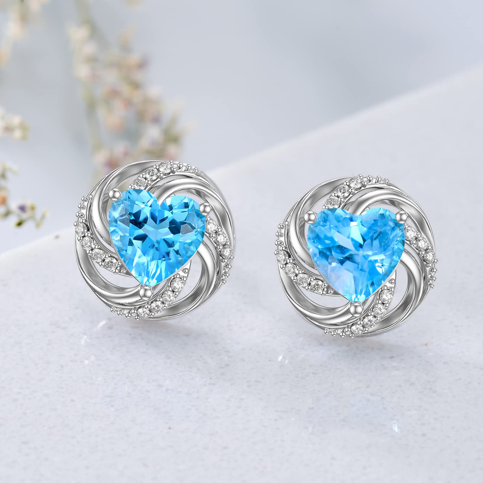 Althum Swiss Blue Topaz Earrings 925 Sterling Silver 7MM Heart Shaped Natural Topaz Stud Earrings for Women