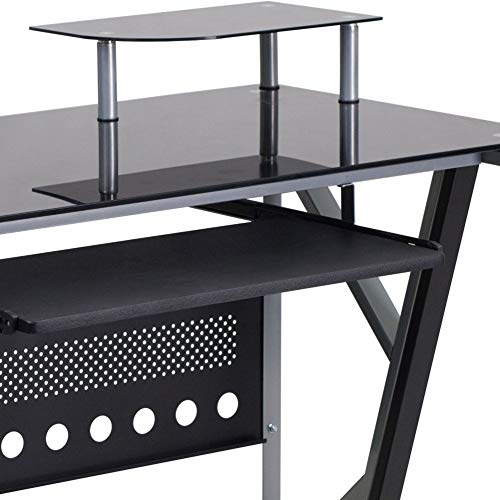 Flash Furniture Singleton Black Glass Computer Desk with Pull-Out Keyboard Tray and CPU Cart