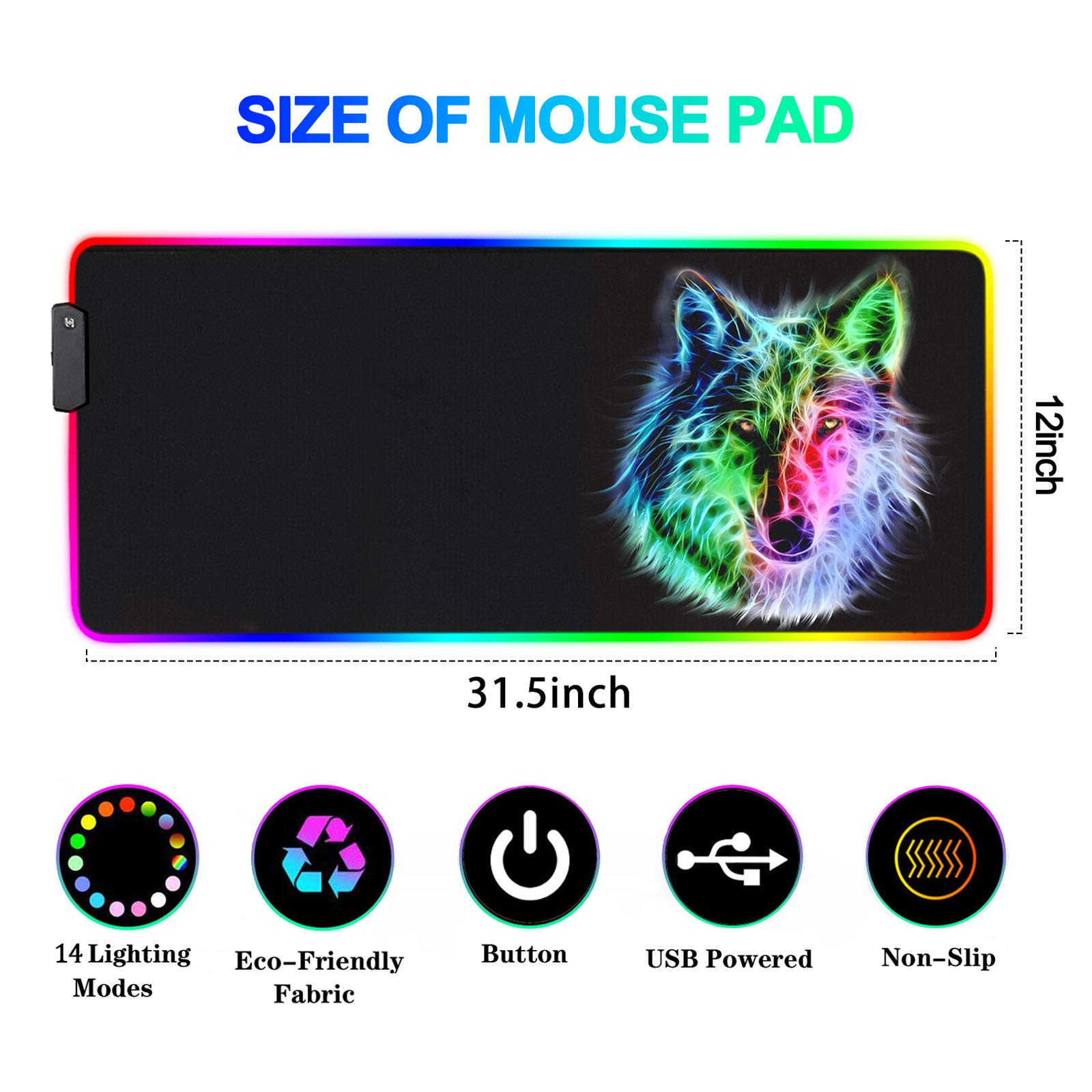 RGB Gaming Mouse Pad - 14 Light Modes Extended Computer Keyboard Mat, Anime LED Mouse Pad Large,High-Performance Mouse Pad Optimized for Gamer 31.5 X 12in (Wolf Mouse pad)