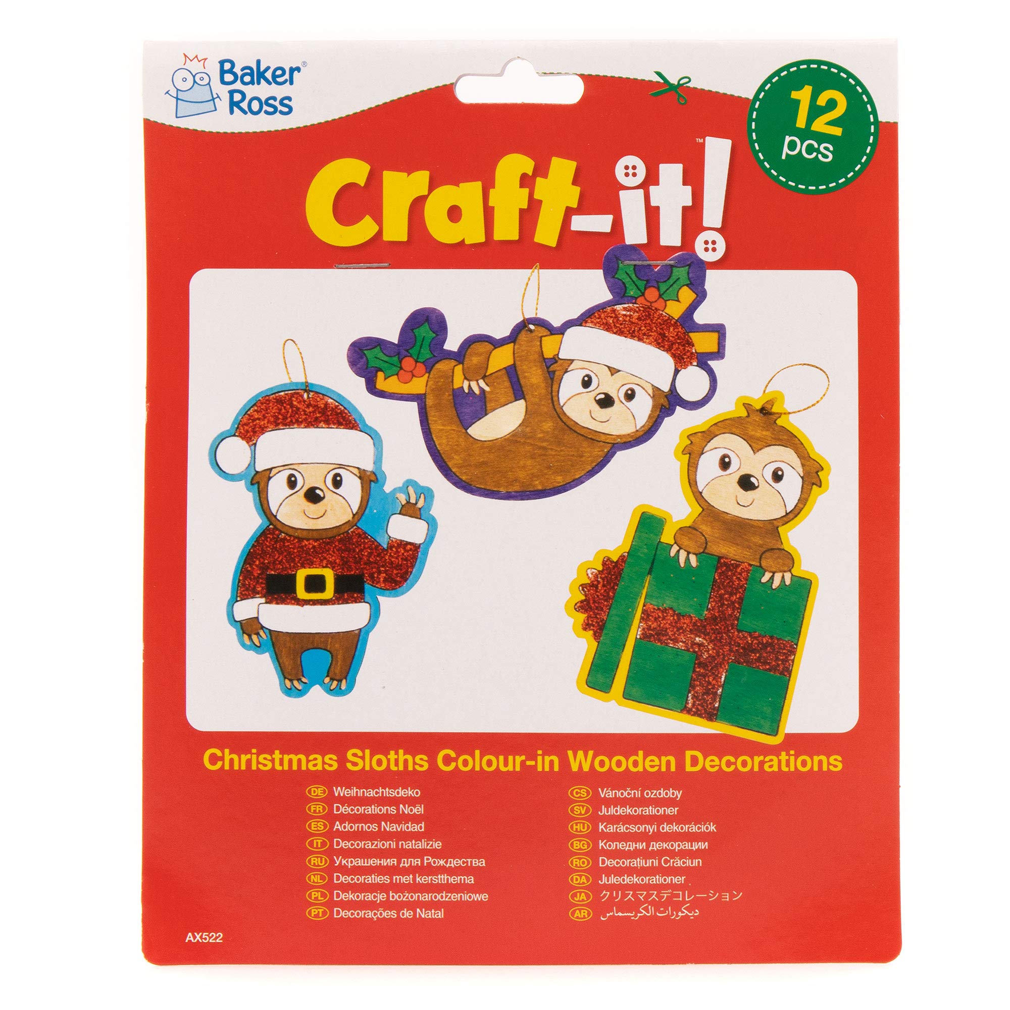 Baker Ross AX522 Christmas Sloths Wooden Decorations - Pack of 12, Christmas Decorations for Kids to Decorate and Display, Ideal Kids Arts and Crafts Project