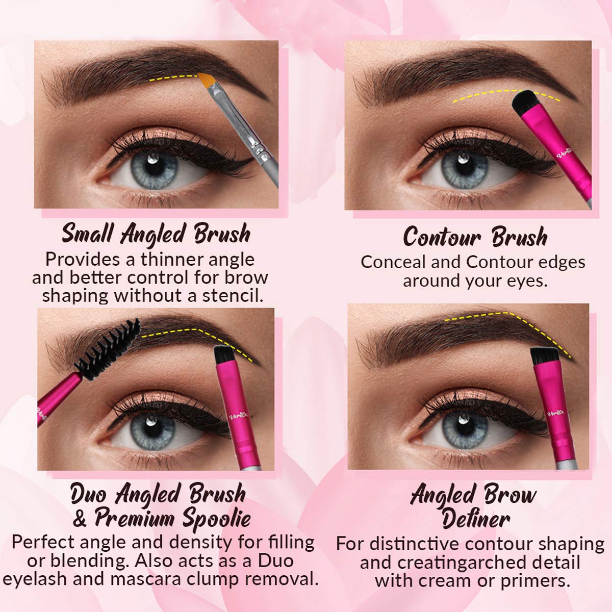 Eyebrow Brush Kit Thin Angled - Eye Brow Concealer Contour Brush to Shape and Conceal Eyes Duo Spoolie Brushes Firm Bristles Definer for Filling Pomade Gel | Defining Arches Winged Eyeliner Stencil