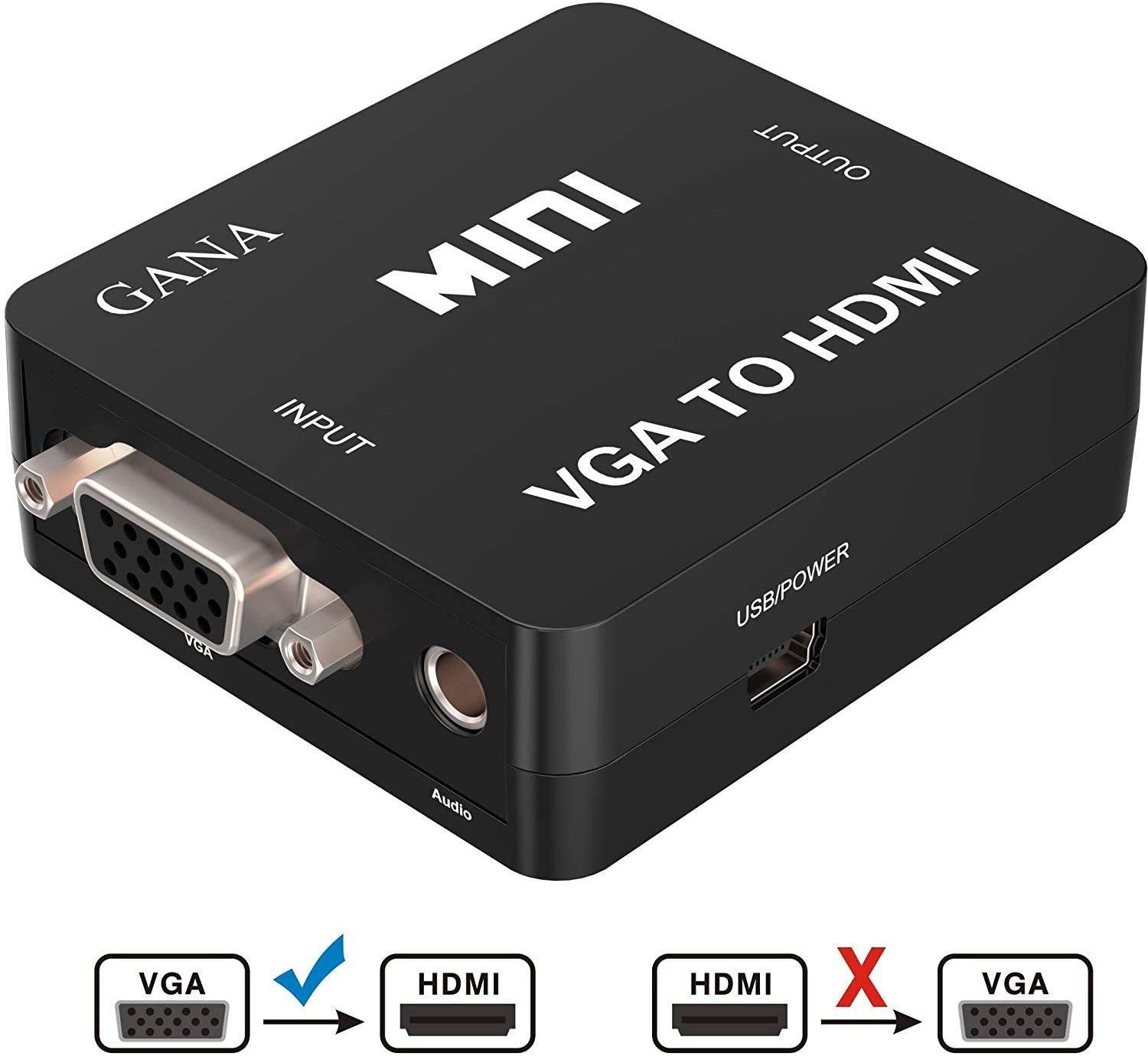 GANA VGA to HDMI Adapter, Mini Vga Adapter Box Steadily Convert Full HD Audio Video Below 1080P from VGA to HDMI, Support HDTV PC Laptop Monitor Computer Mac Projector