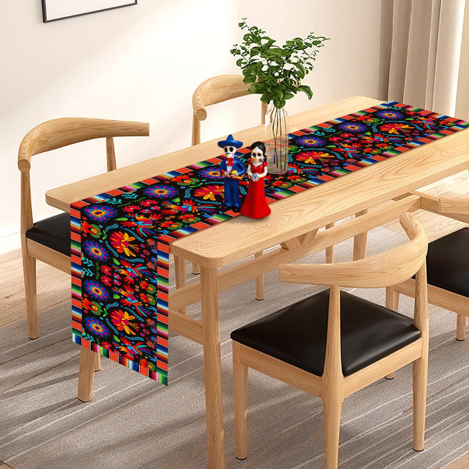 Linen Mexican Fiesta Table Runner Decoration 72×13inch Long Cinco De Mayo Dia De Los Muertos Runners Farmhouse Rustic Runner Day of The Dead Decor and Supplies for Kitchen Dining Home Table Decoration