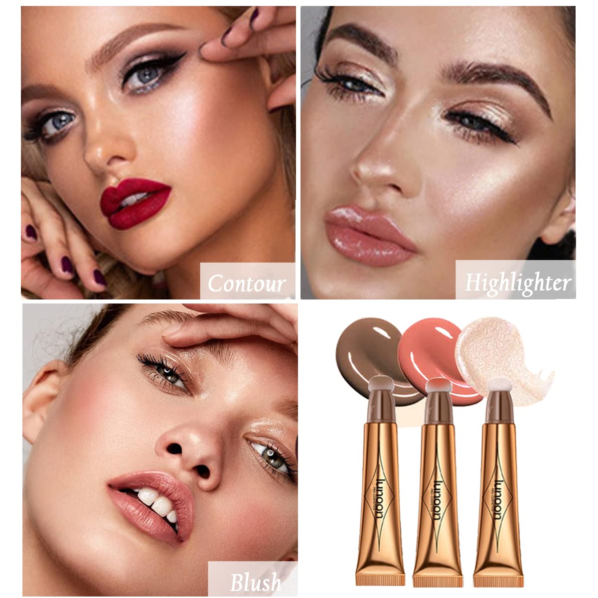 Aaiffey Cream Contour Beauty Wand,Highlighter Contour Blush With Cushion Applicator,Liquid Face Bronzer Makeup Wand Blendable Super Silky Cream Contour Stick Set Long Lasting Natural 3Pcs (Contour+Highlighter+Blush)
