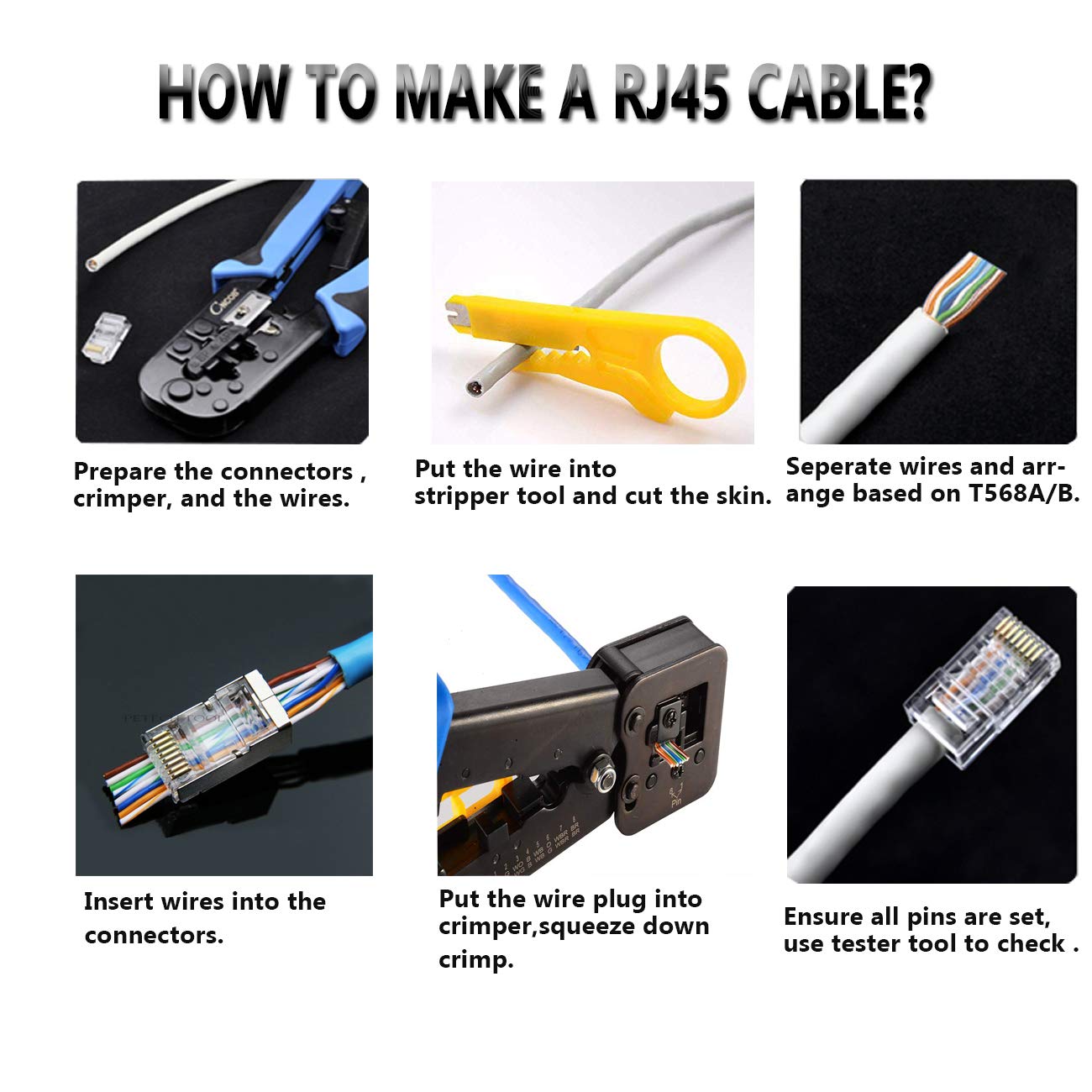 PETECHTOOL RJ45 CAT6 Connector End Pass Through Ethernet Cat6 Ends 8P8C Modular Plug for Solid or Stranded UTP Ethernet Cable ( 100 Packs - with Wire Stripper