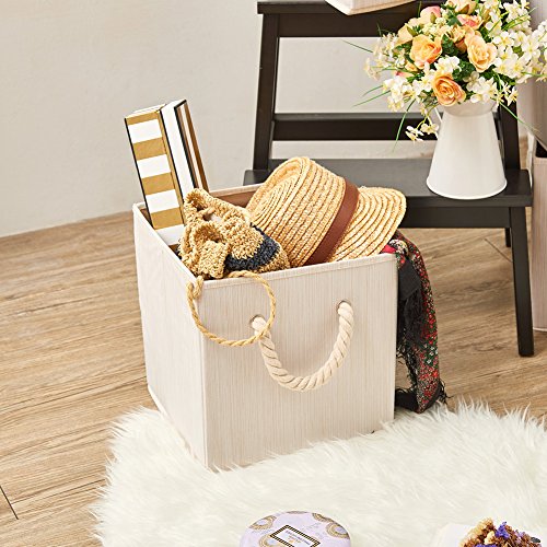 EZOWare Set of 8 Bamboo Fabric Storage Bins with Cotton Rope Handle for Nursery Toys, Gray + Beige