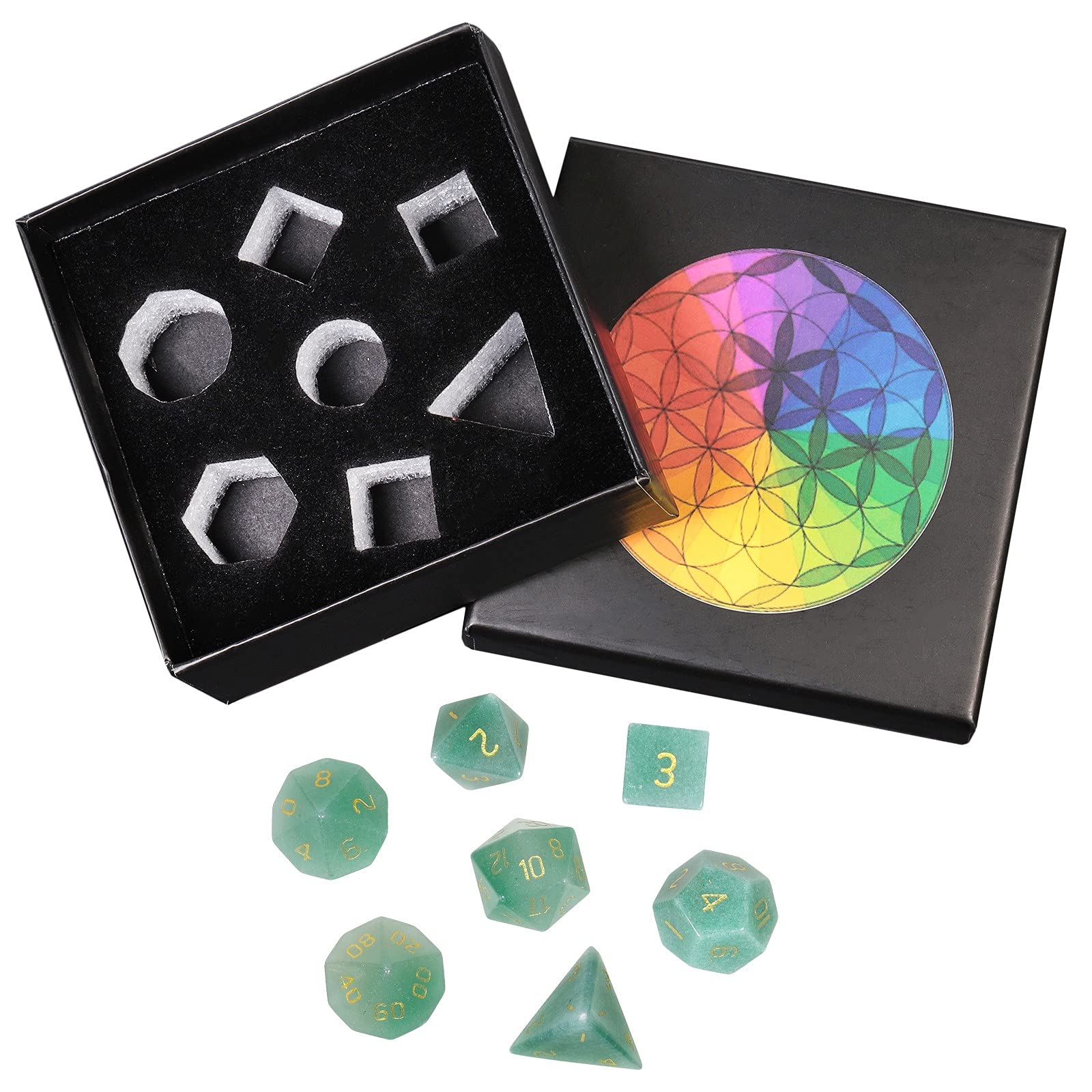 Amogeeli 7pcs Hand-Carved Crystal DND Dice Set, Stone Polyhedral Rolling Dice Kit for RPG MTG COC Table Game, Green Aventurine Stone