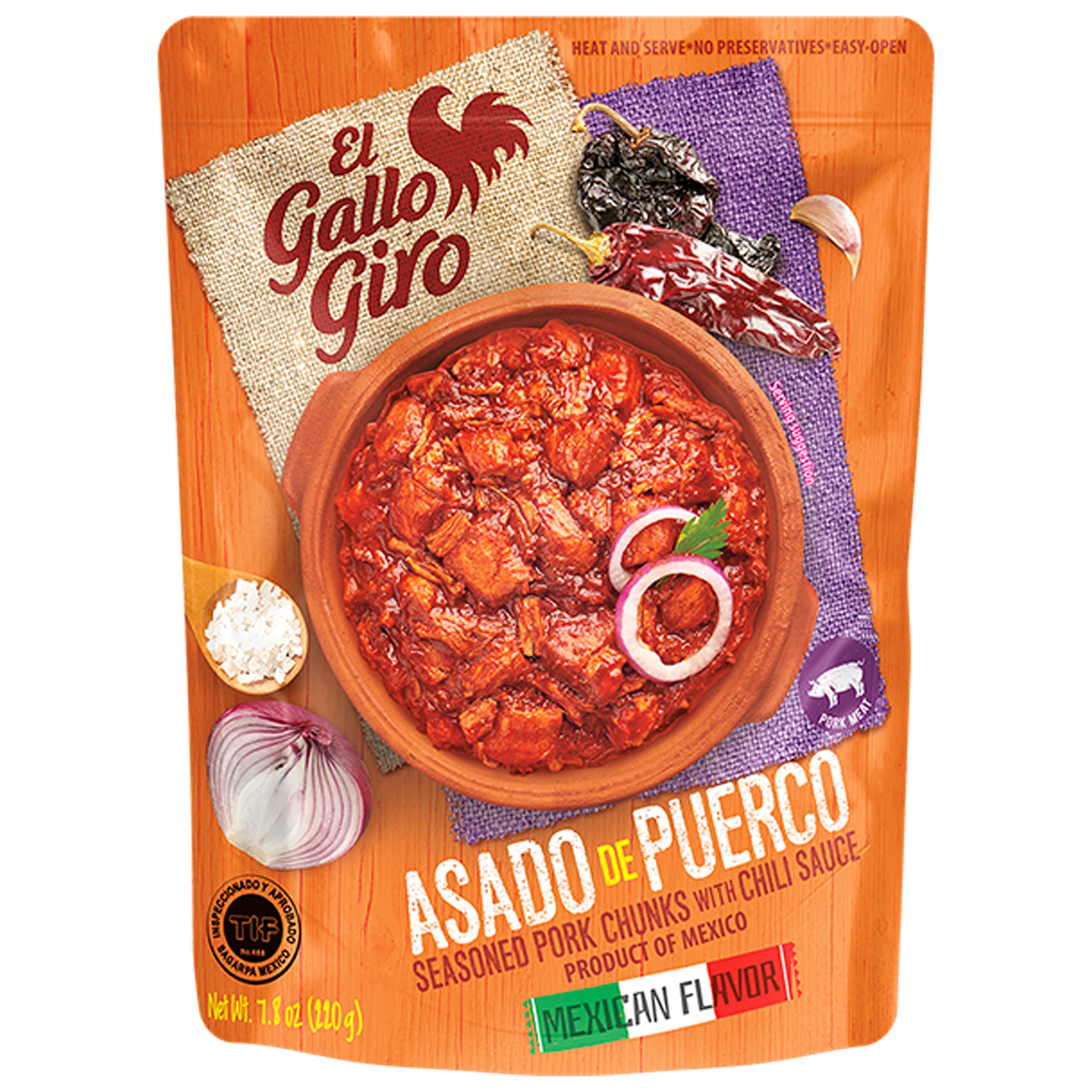 El Gallo Giro Asado de Puerco (7.8 oz) - Seasoned Pork Chunks with Chili Sauce - Heat and Serve - No Preservatives - Keto Friendly