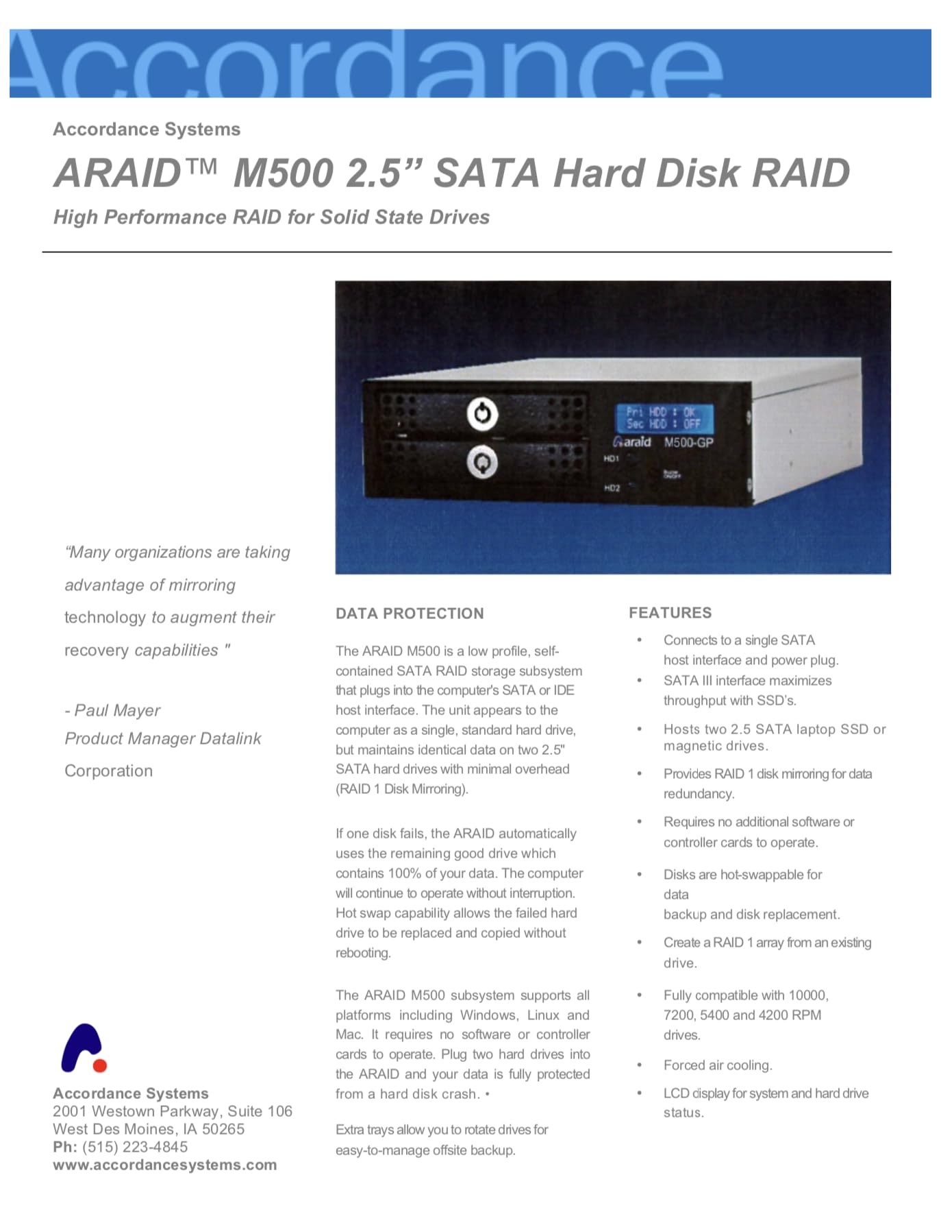 Internal ARAID Model M500 - SATA, ARAID™ M500 2.5” SATA Hard Disk RAID
