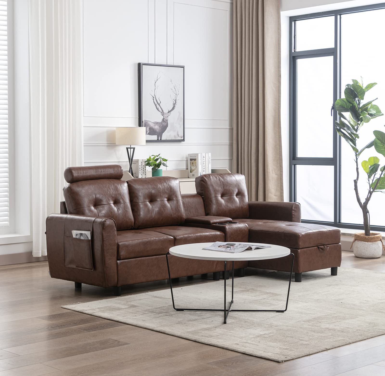 KINFFICT Modern PU Leather Sectional Sofa with Chaise, Comfy 3 Seat Sectional Couch with Storage, Cup Holders, and Comfy Headrest, L Shaped Couch Furniture Set for Living Room, Brown
