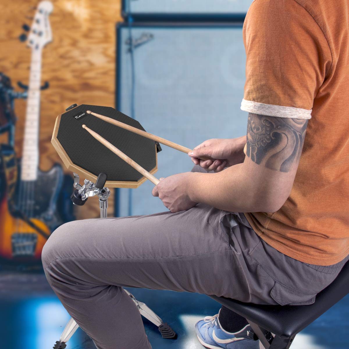 Practice Drum Pad, 12 Inch Exercise Pads Set Mat for Adult Kids with Snare Drums Stand Double Sided Drumsticks Black