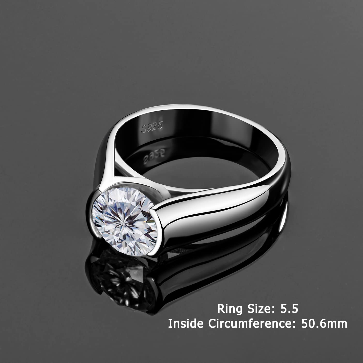 CannyCat 2 Carat Moissanite Half Bezel Set Ring for Women Platinum Plated Silver D color VVS 8mm Moissanite Diamond Solitaire Engagement Promise Band (7)
