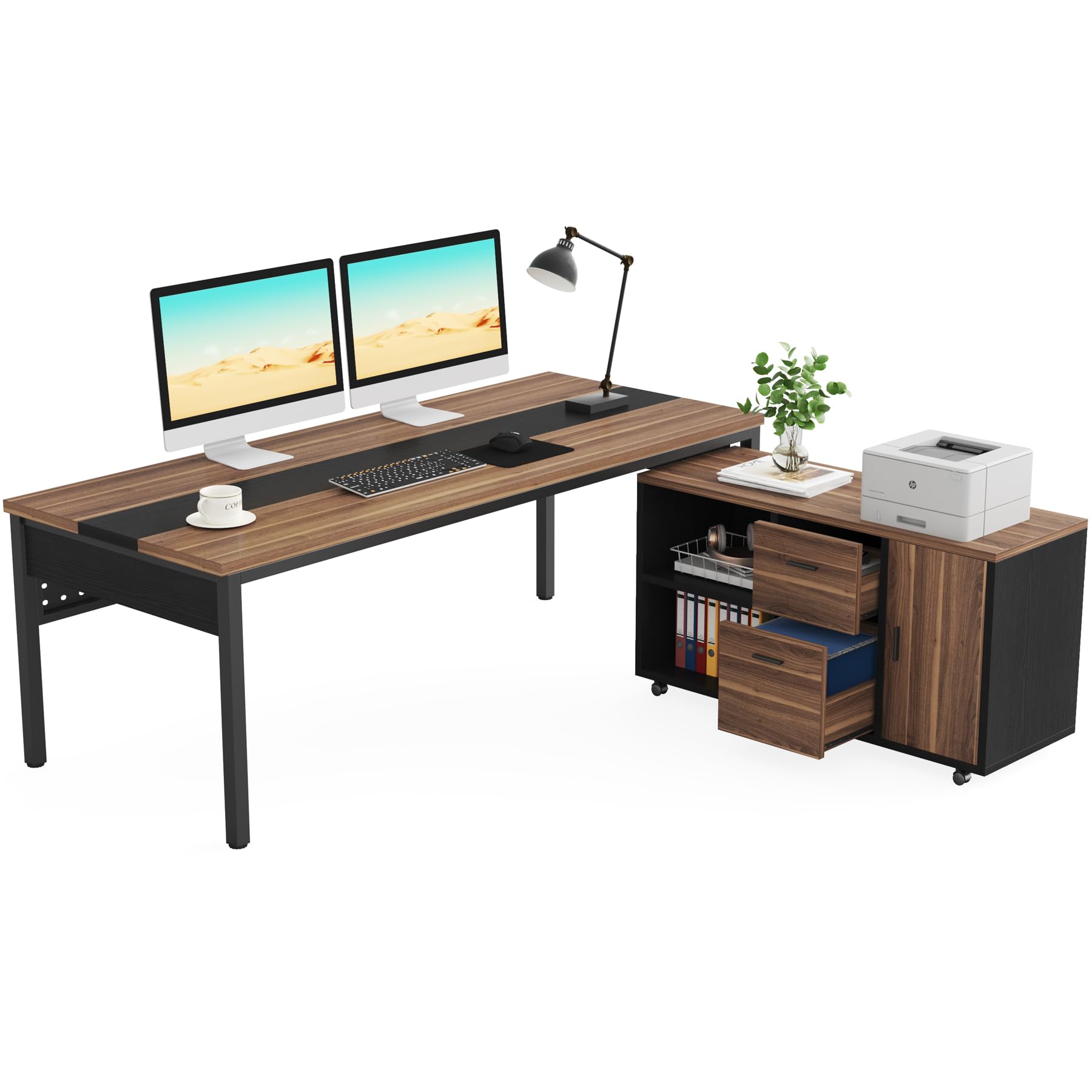 LITTLE TREE 70.8" Executive Desk with Lateral File Cabinet, Modern Thickened Wooden Workstation L-Shaped Computer Desk Large Home Office Writing Desk for Home Office
