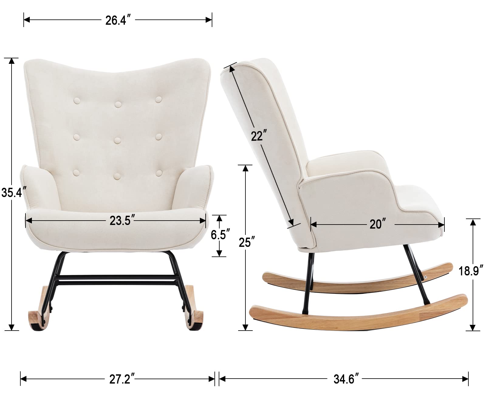 Accent Rocking Chair with Ottoman, Modern Tufted Button Wingback Glider Rocker Armchair with Solid Wood Legs, Beige